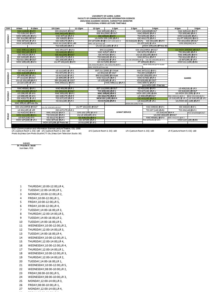 2025 - 2026 Fcis Harmattan Semester Lecture Timetable (Final) | PDF