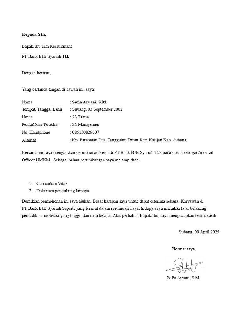 Surat Lamaran Bank BJB Syariah | PDF