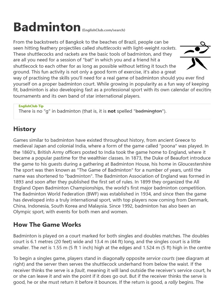 Badminton Vocabulary (With Example Sentences) | PDF | Sports | Athletic ...