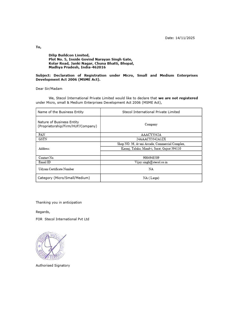 MSME Registration Declaration Letter | PDF