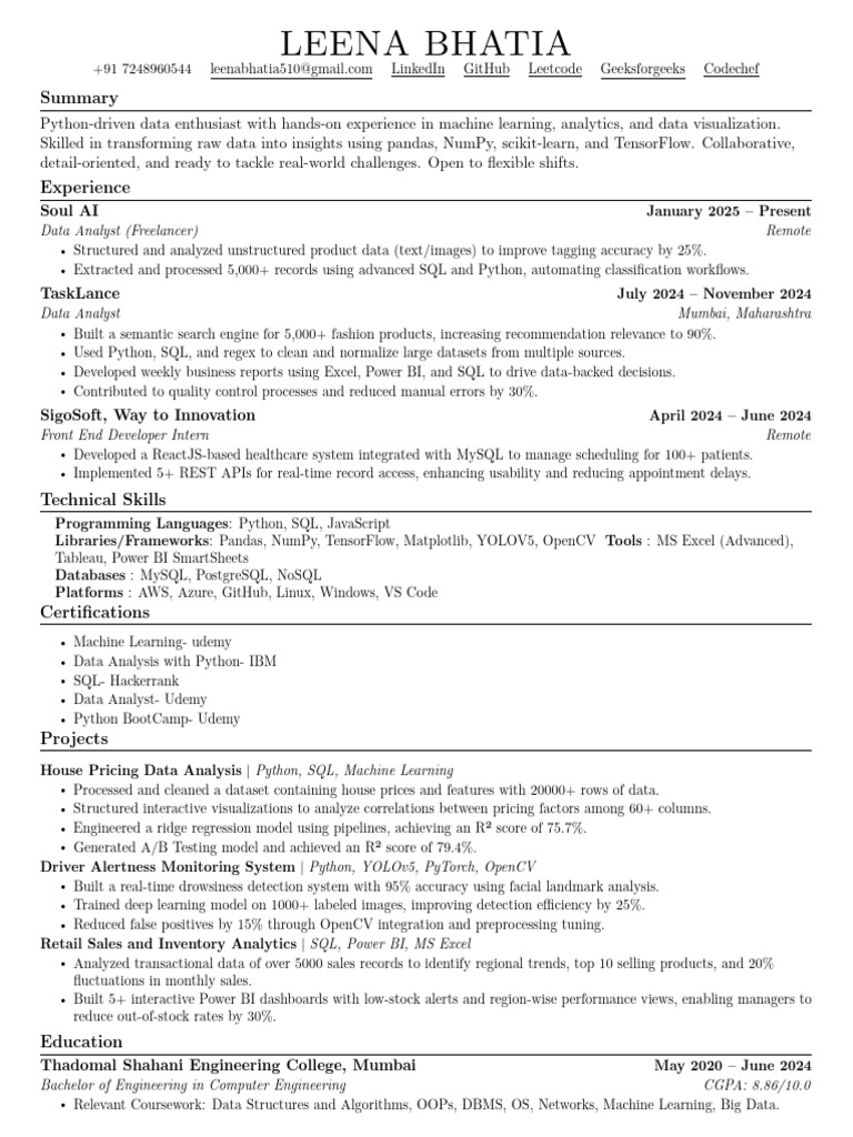 LeenaBhatia Data Scientist | PDF | Data Analysis | Machine Learning