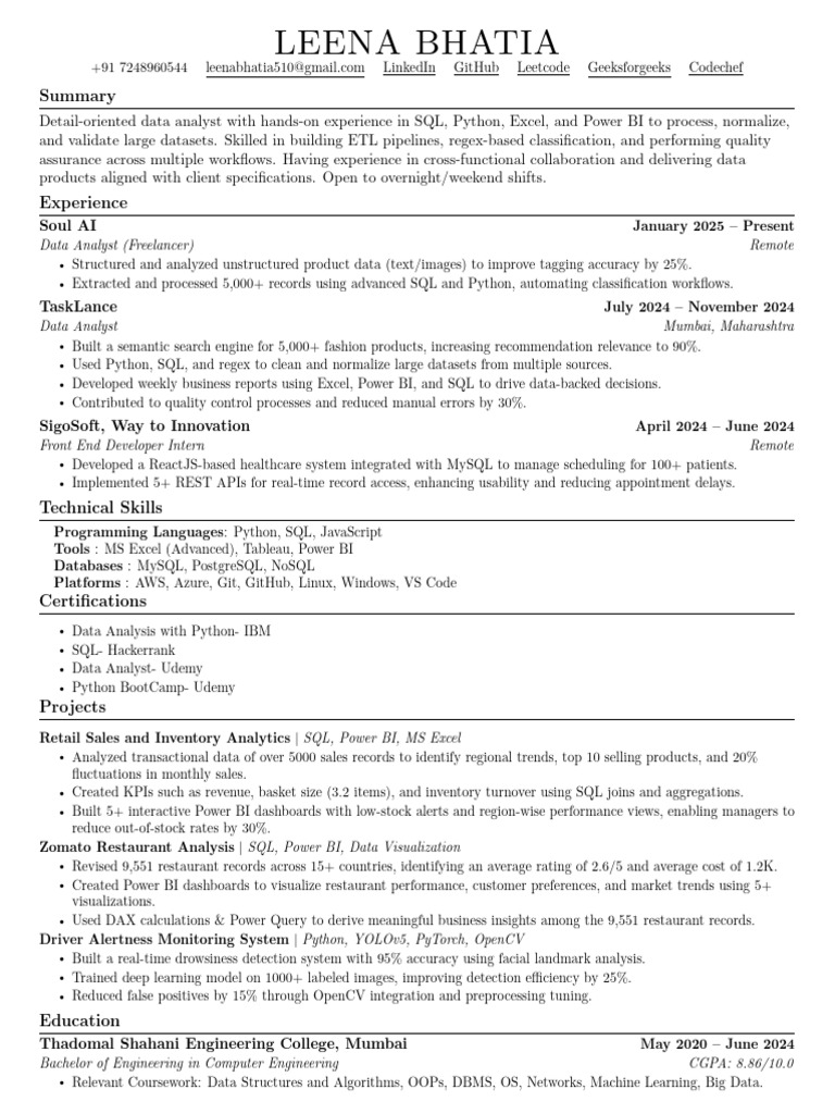 Leena Bhatia Data Analyst | PDF | Sql | Data Analysis