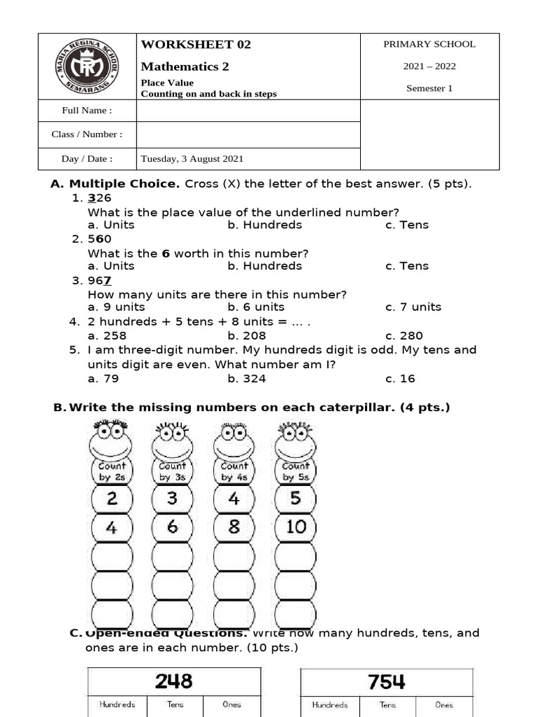 WS 2 - Place Value & Counting On and Back in Steps | PDF