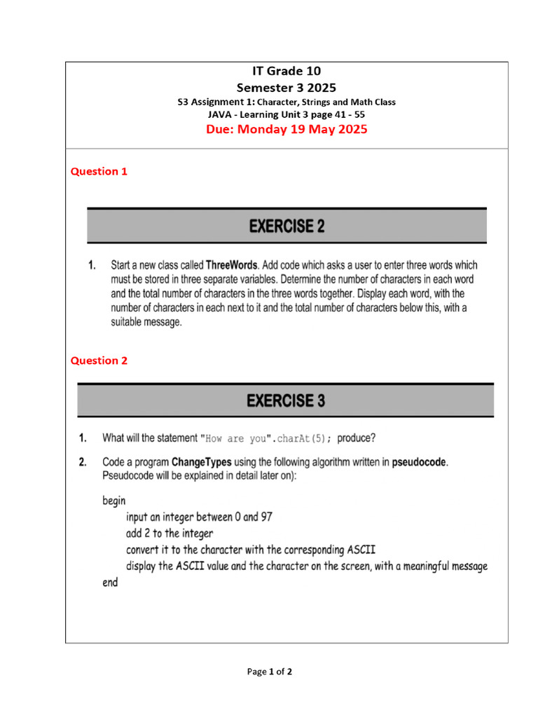 IT Gr10 S3 Assignment 1 - Java Learning Unit 3 | PDF