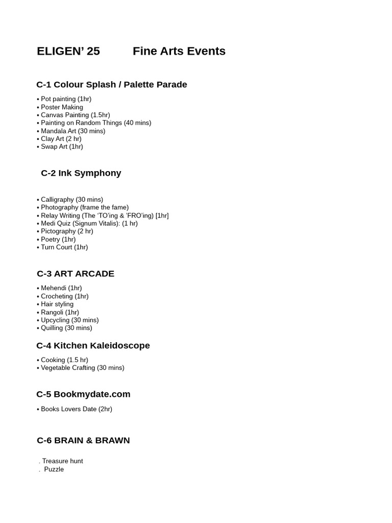 Fine Arts Events (ELIGEN'25 List) | PDF