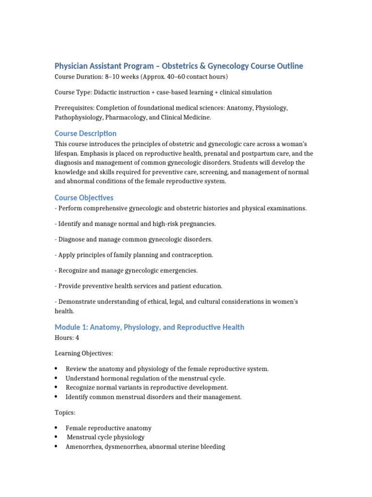 OBGYN Course Syllabus PA Program | PDF | Childbirth | Pregnancy