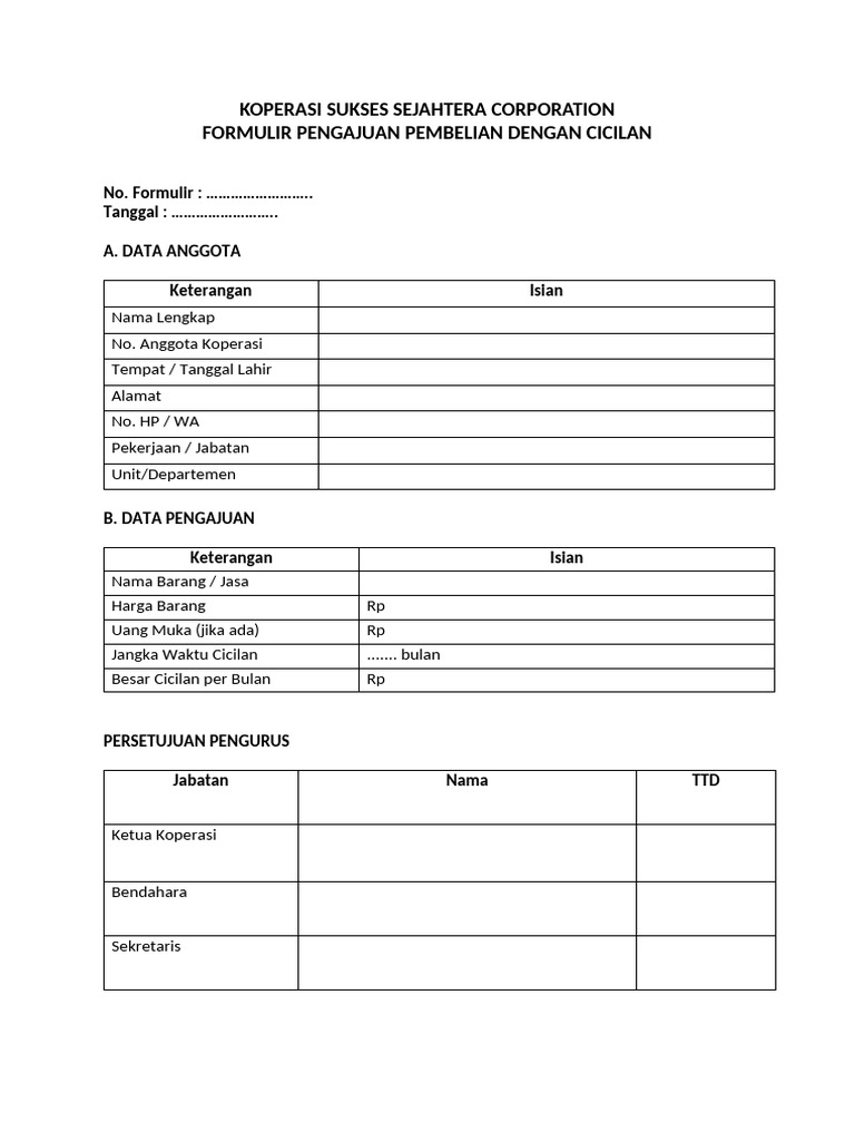 Formulir Pembelian Cicilan Koperasi | PDF