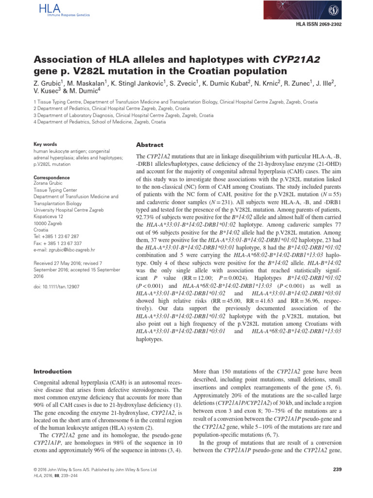 Association of HLA Alleles and Haplotypes With CYP21A2 Gene P. V282L ...