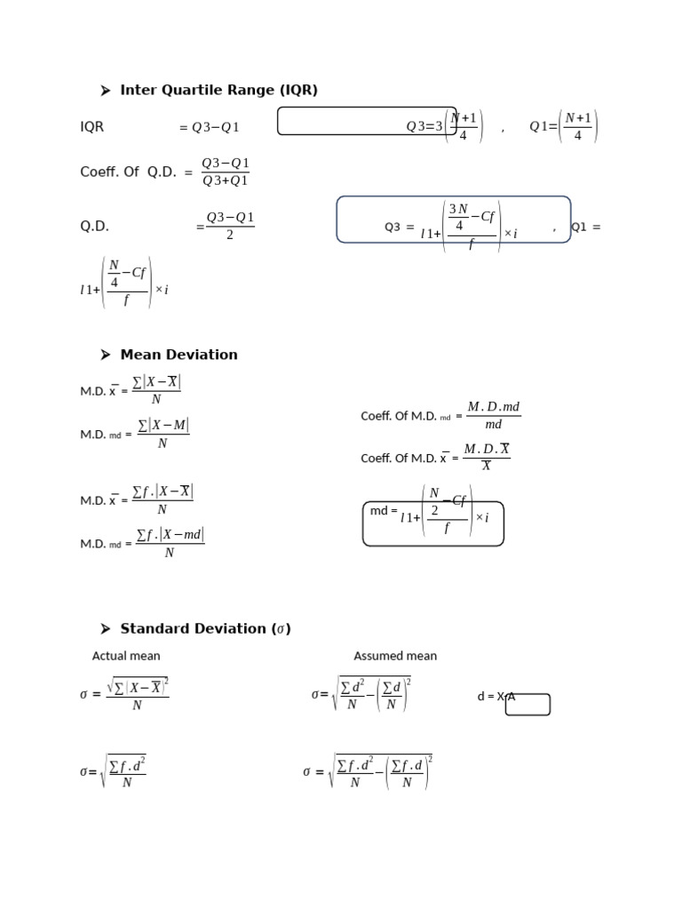 measures of dispersion FORMULAS | PDF | Statistical Analysis | Teaching Mathematics