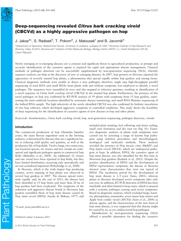 Plant Pathology - 2014 - Jakse - Deep‐Sequencing Revealed Citrus Bark ...