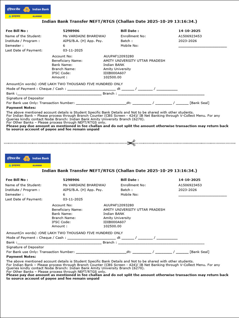 Indian Bank Transfer NEFT/RTGS (Challan Date 2025-10-29 13:16:34 ...