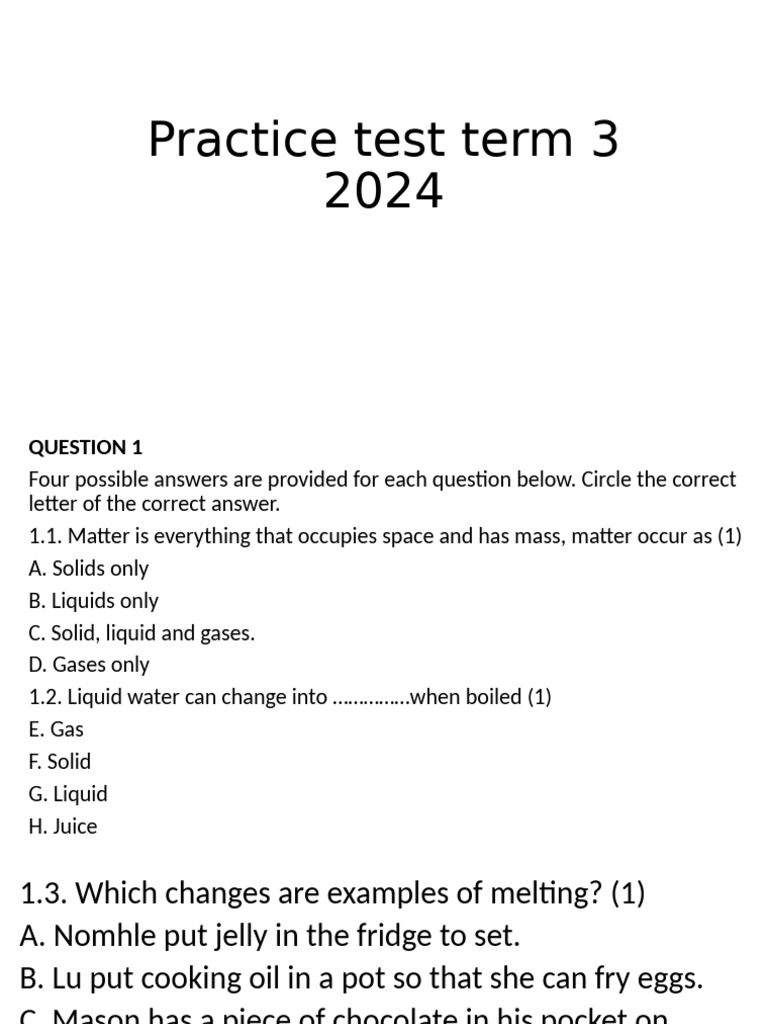 Term 3 Science Practice Test 2024 | PDF | Solid | Liquids