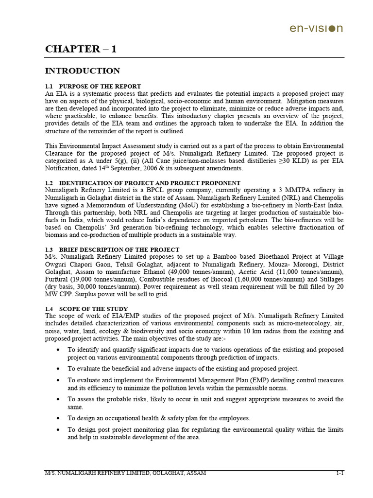 EIA Report for Numaligarh Bioethanol Project | PDF | Environmental ...