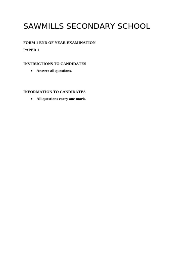 Form 1 Science Exam Questions | PDF | Potential Energy | Flowers