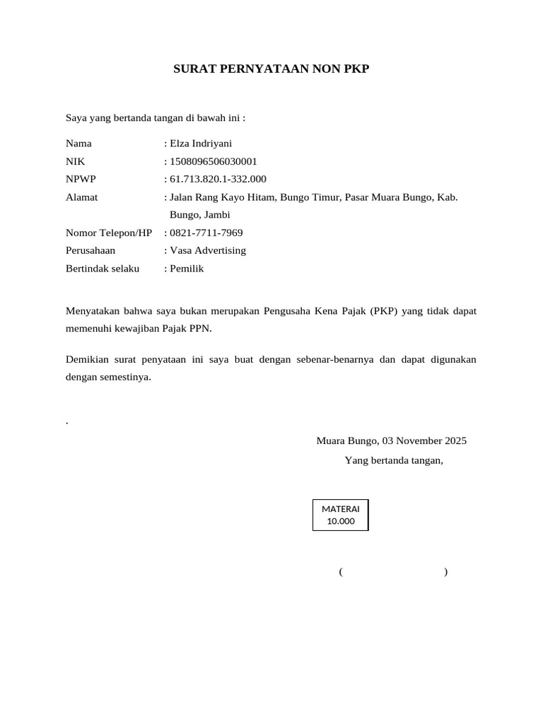 Surat Pernyataan Non PKP | PDF