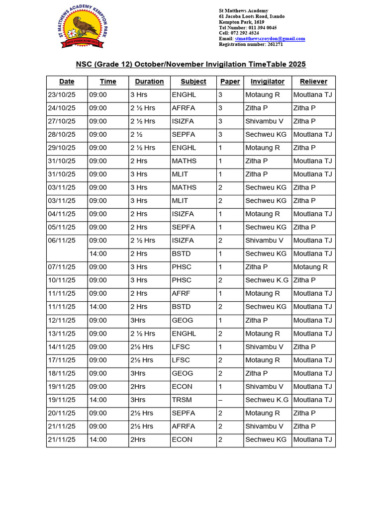 Grade 12 Final Invigilator Time Table | PDF
