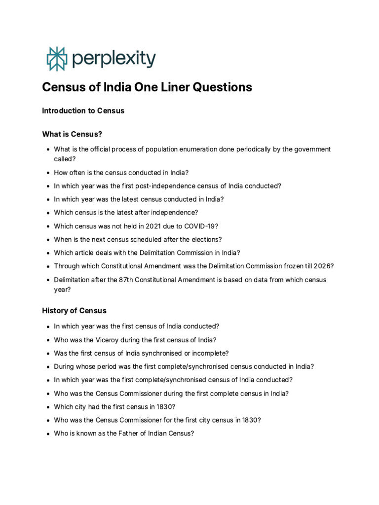 Census of India: One-Liner Questions | PDF | Ratio | Urban Area