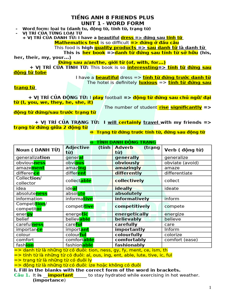 Tieng Anh 8 Friends Plus - Word Form - Unit 1 | PDF | Fashion | Syntax
