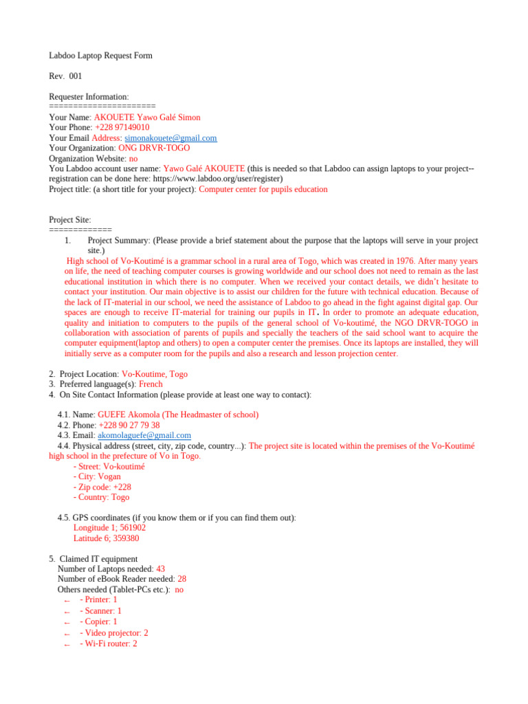 Labdoo Laptop Request Form English - Lycee - Vo - Koutime | PDF | Computing
