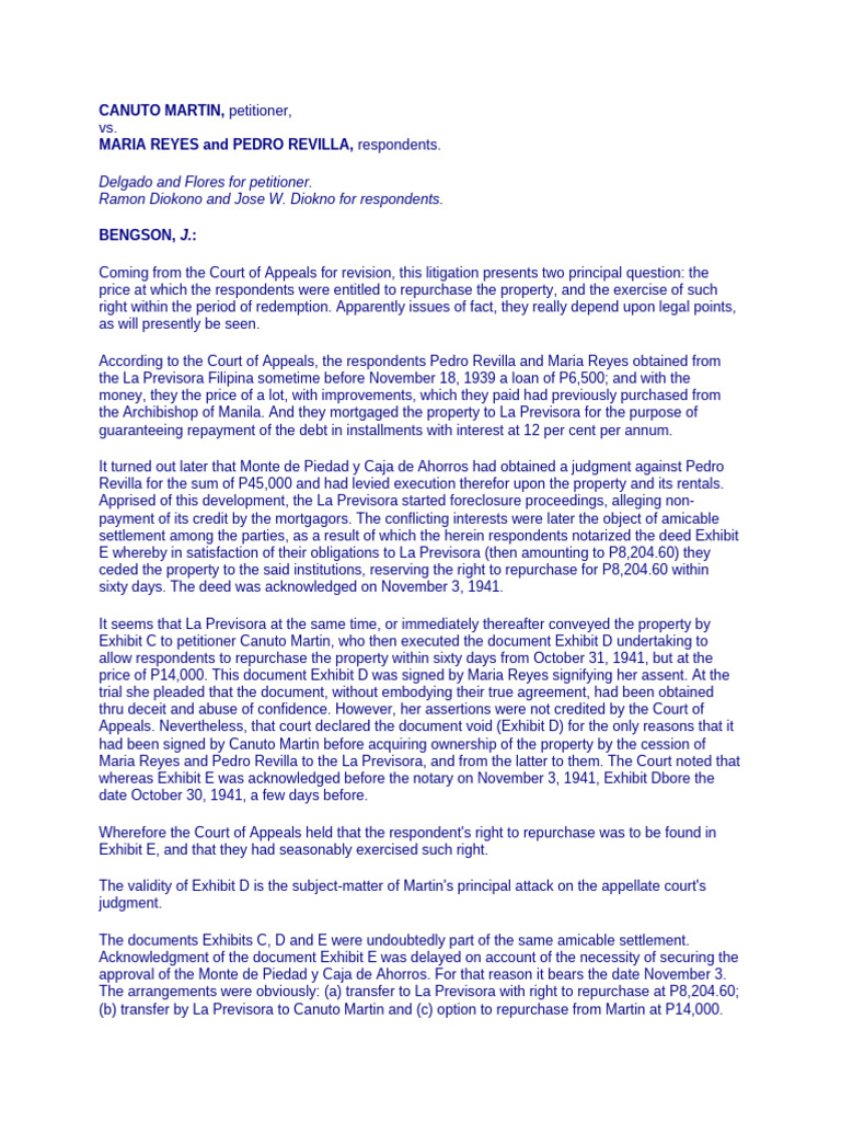 Canuto Martin vs Maria Reyes | PDF | Mortgage Law | Private Law