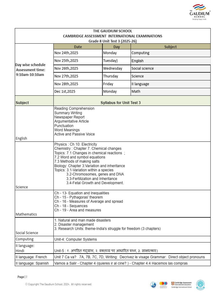 Grade 8- Unit Test 3 (2025-26) | PDF