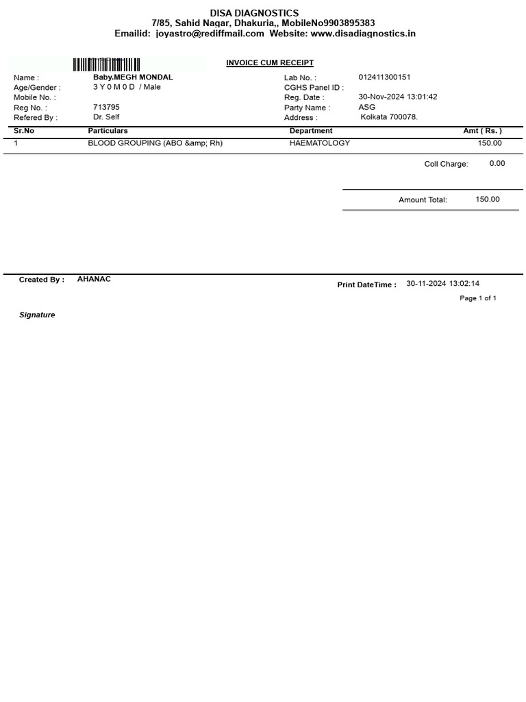 Invoice for Baby Megh Mondal's Lab Test | PDF