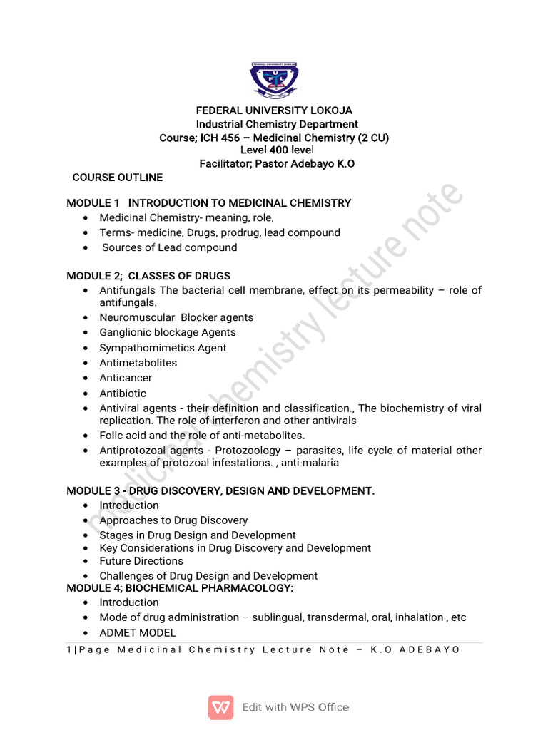 Medicinal Chemistry Lecture Notes | PDF | Drug Discovery | Phases Of ...