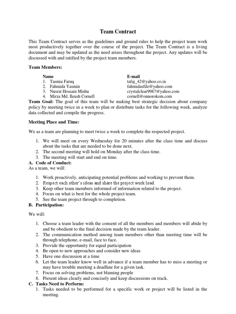 Team Contract | PDF | Cognitive Science | Psychological Concepts