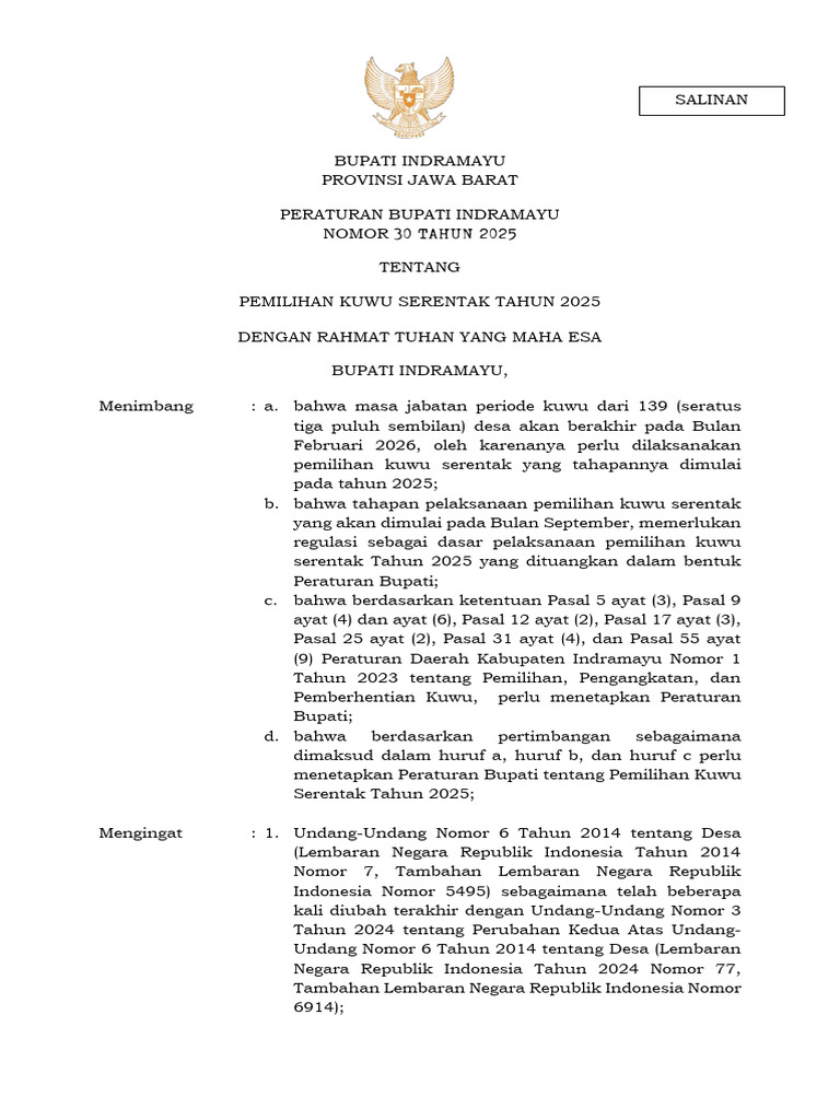 Salinan Perbup Nomor 30 Tahun 2025 Tentang Pilwu Serentak | PDF