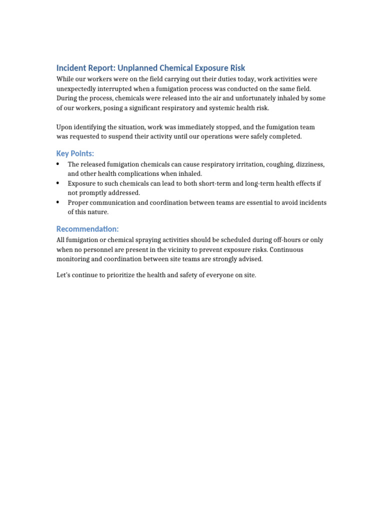 Chemical Exposure Incident Report | PDF