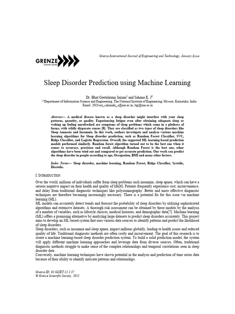 Sleep Disorder Prediction Using Machine Learning | PDF | Support Vector Machine | Machine Learning