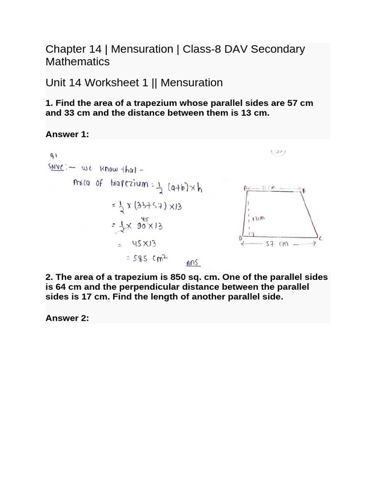 Mensuration Worksheets for Class 8 | PDF | Area | Volume