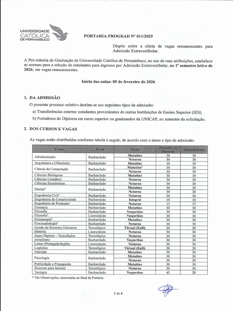 PORTARIA PROGRAD 011-2025 - Extravestibular 2026-1 | PDF