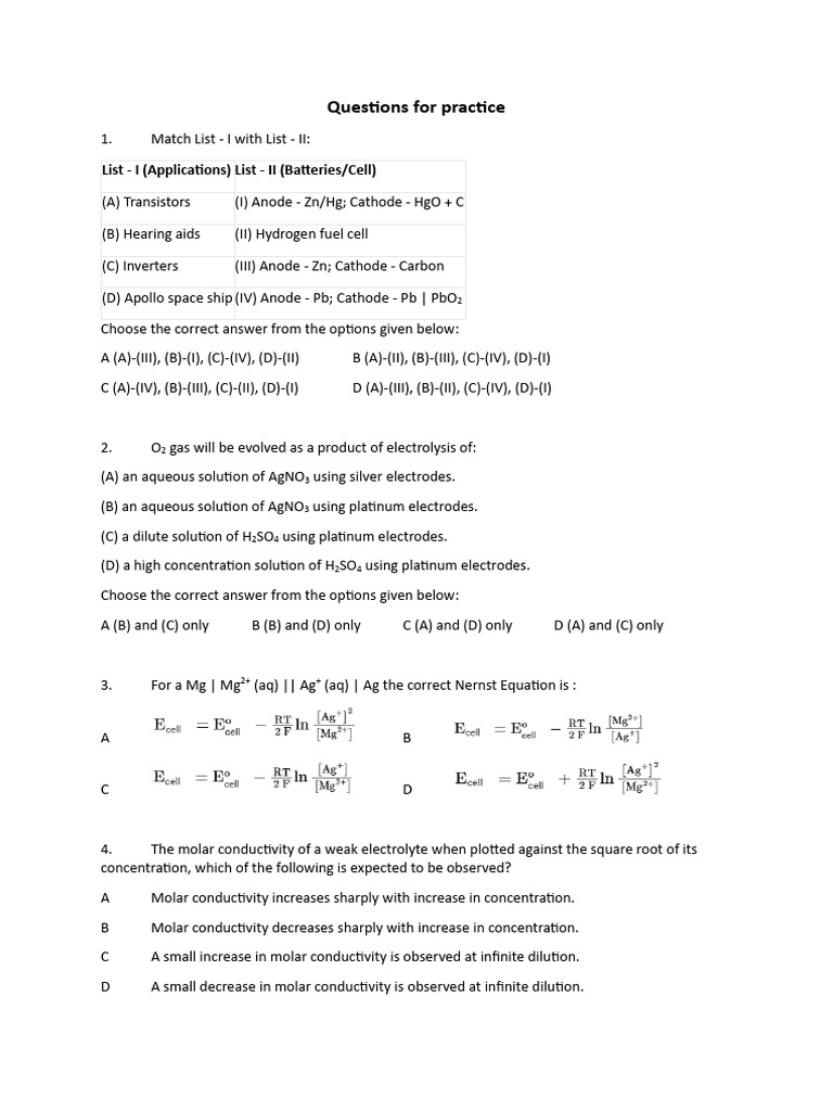 7.Electrochemistry-Question practice | PDF | Electrochemistry | Electrolyte