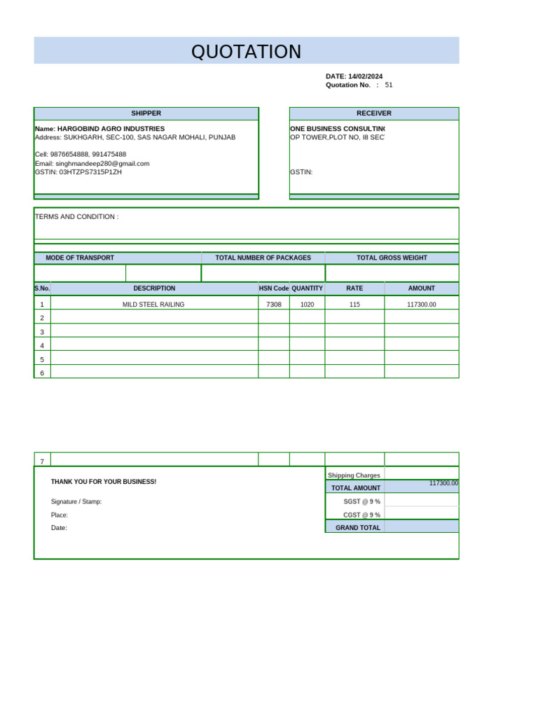 Shipping Quotation Format Template | PDF