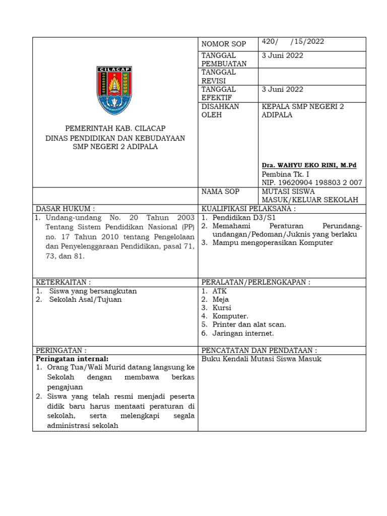 SOP Mutasi Masuk Atau Keluar Siswa | PDF