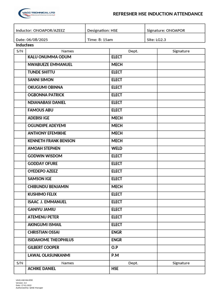 Refresher HSE Induction Attendance_094733 | PDF