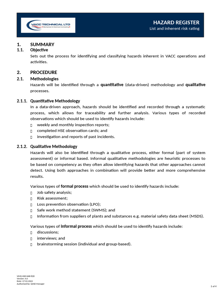 826-VACC Hazard Register - List and Inherent Risk Rating | PDF ...