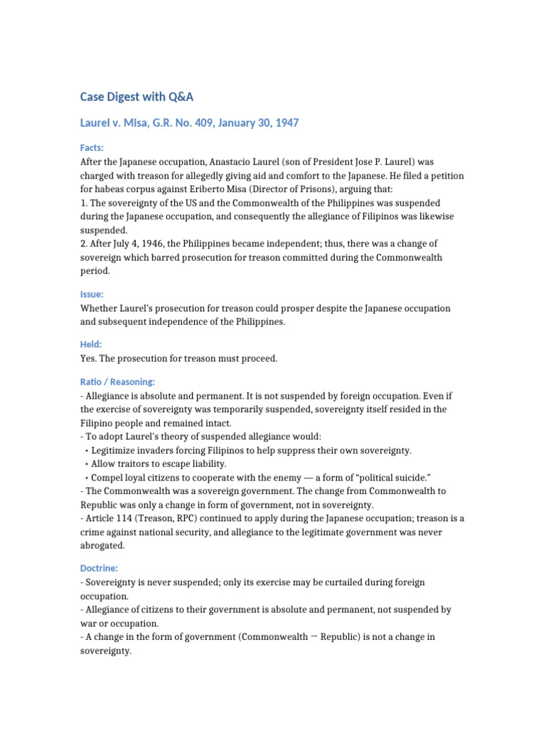 Laurel V Misa Case Digest QA | PDF | Treason | Sovereignty