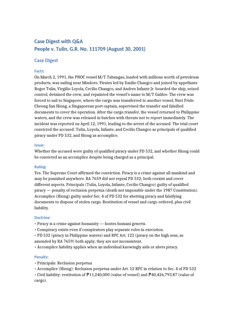 CaseDigest QA People v Tulin | PDF | Aiding And Abetting | Piracy