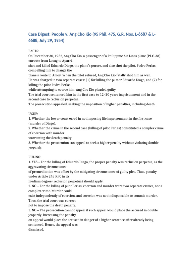 Case Digest: People v. Ang Cho Kio | PDF | Murder | Double Jeopardy