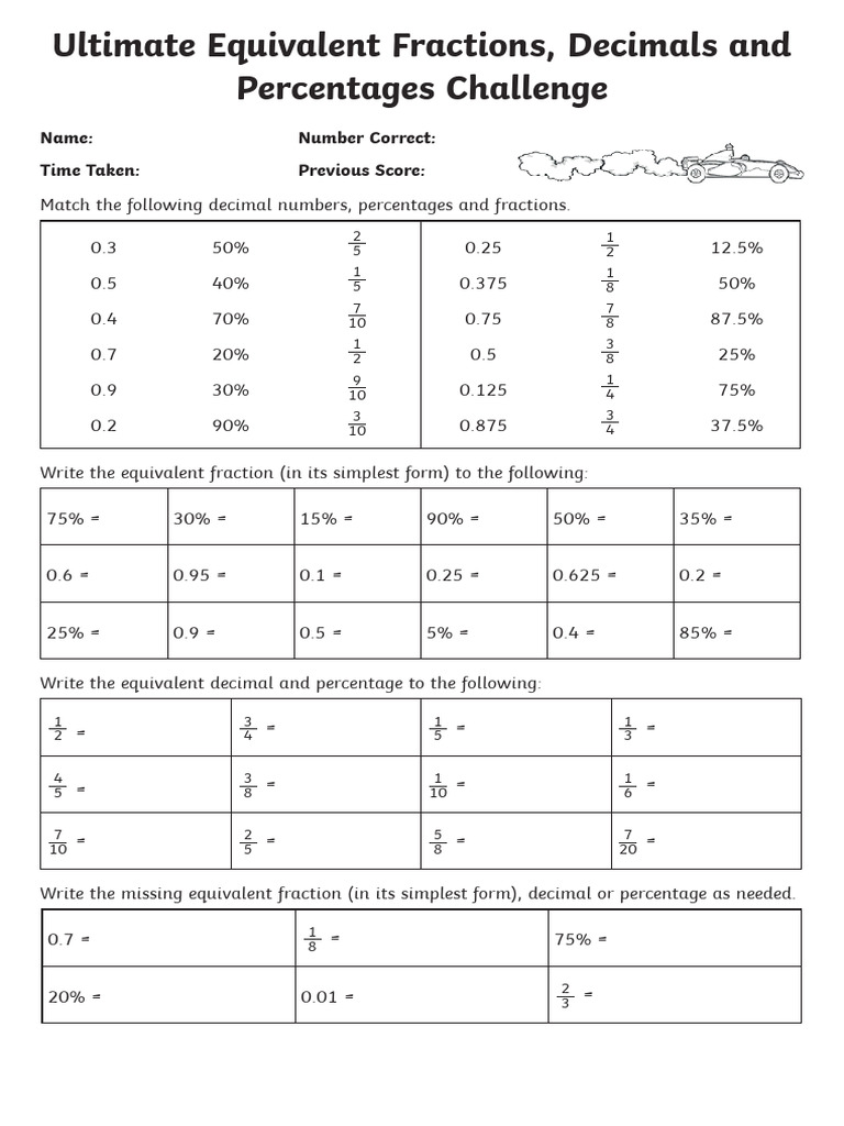Equivalent Fractions, Decimals, Percentages Quiz | PDF | Mathematical ...