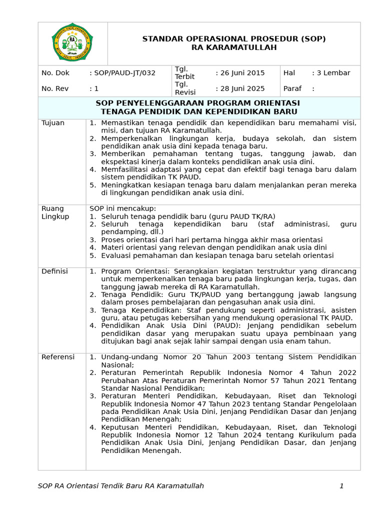 SOP Orientasi Tenaga Pendidik Baru PAUD | PDF