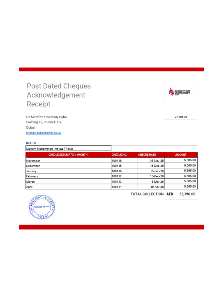 Post Dated Cheque Acknowledgement | PDF
