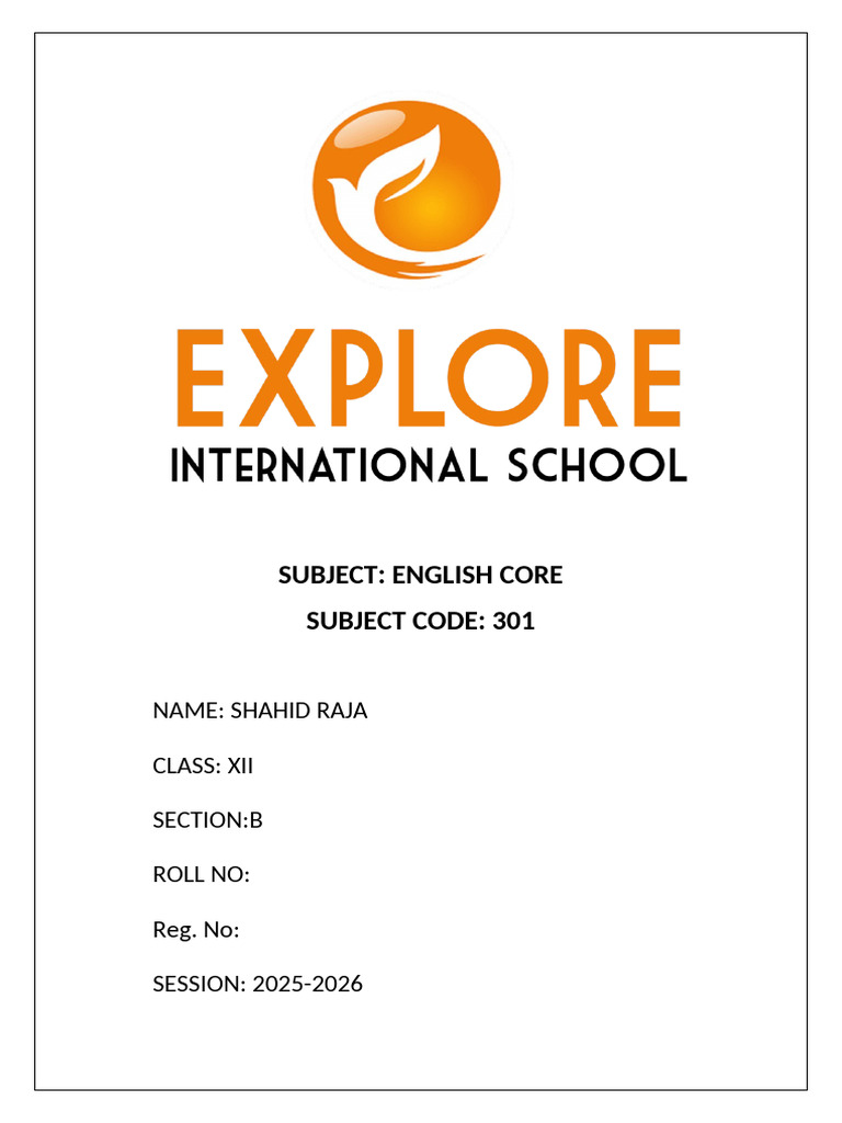 Subject: English Core Subject Code: 301: Name: Shahid Raja Class: Xii ...
