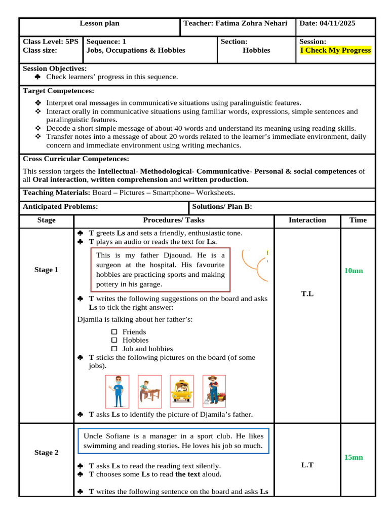 Lesson Plan: Jobs and Hobbies for 5PS | PDF | Lesson Plan | Cognitive ...