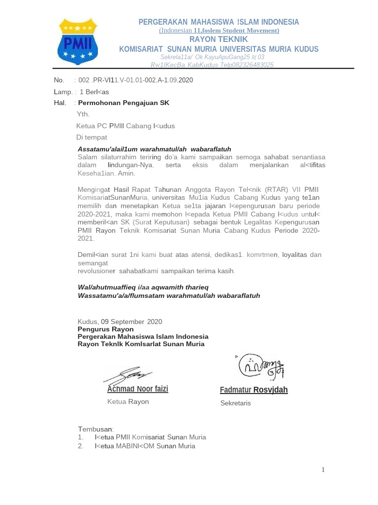 SK Pengurus PMII Rayon Teknik 2020-2021 | PDF