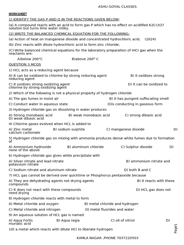 Hcl Worksheet 2026 | PDF | Hydrochloric Acid | Chlorine