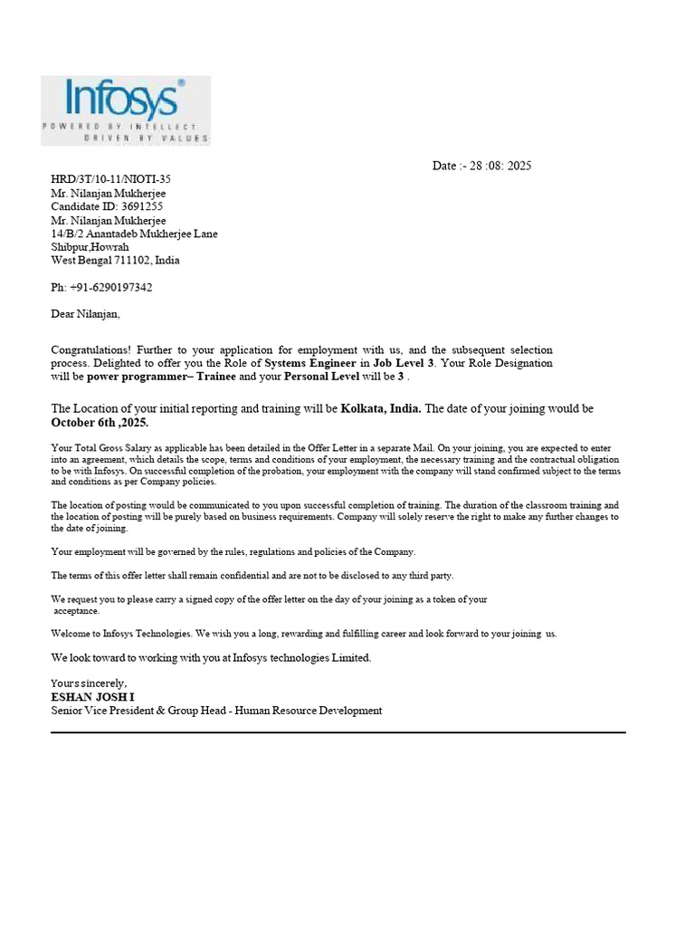 Infosys Appointment Cum Joining Letter (Nilanjan) | PDF