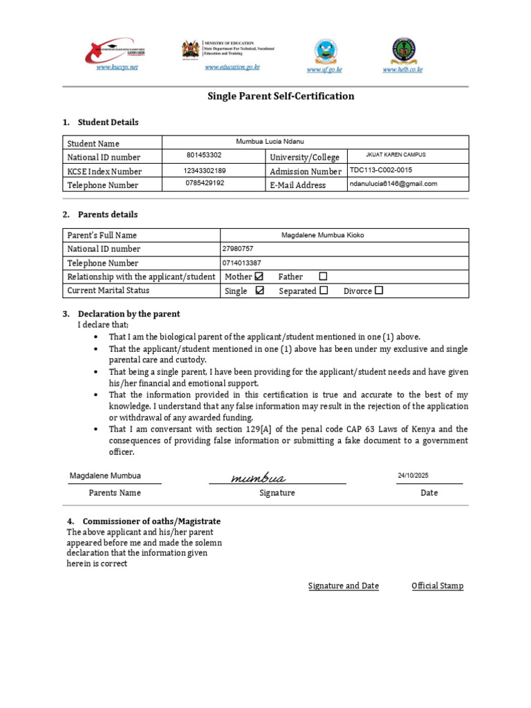 Single Parent Self-Certification Form | PDF